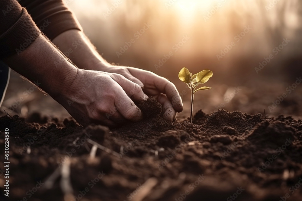 Hands of an adult and a child, kid planting in the ground, Sustainable ...