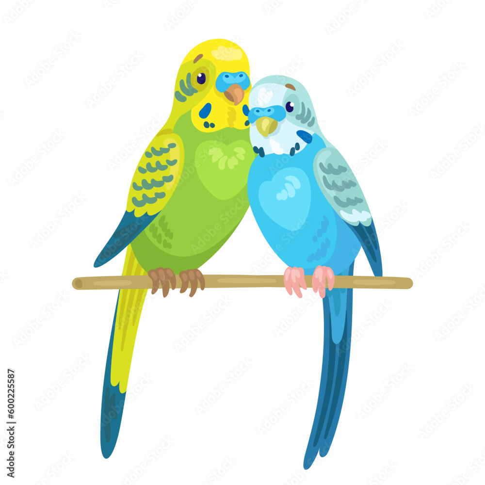 Two cute parakeets are sitting on a stick together. In cartoon style ...