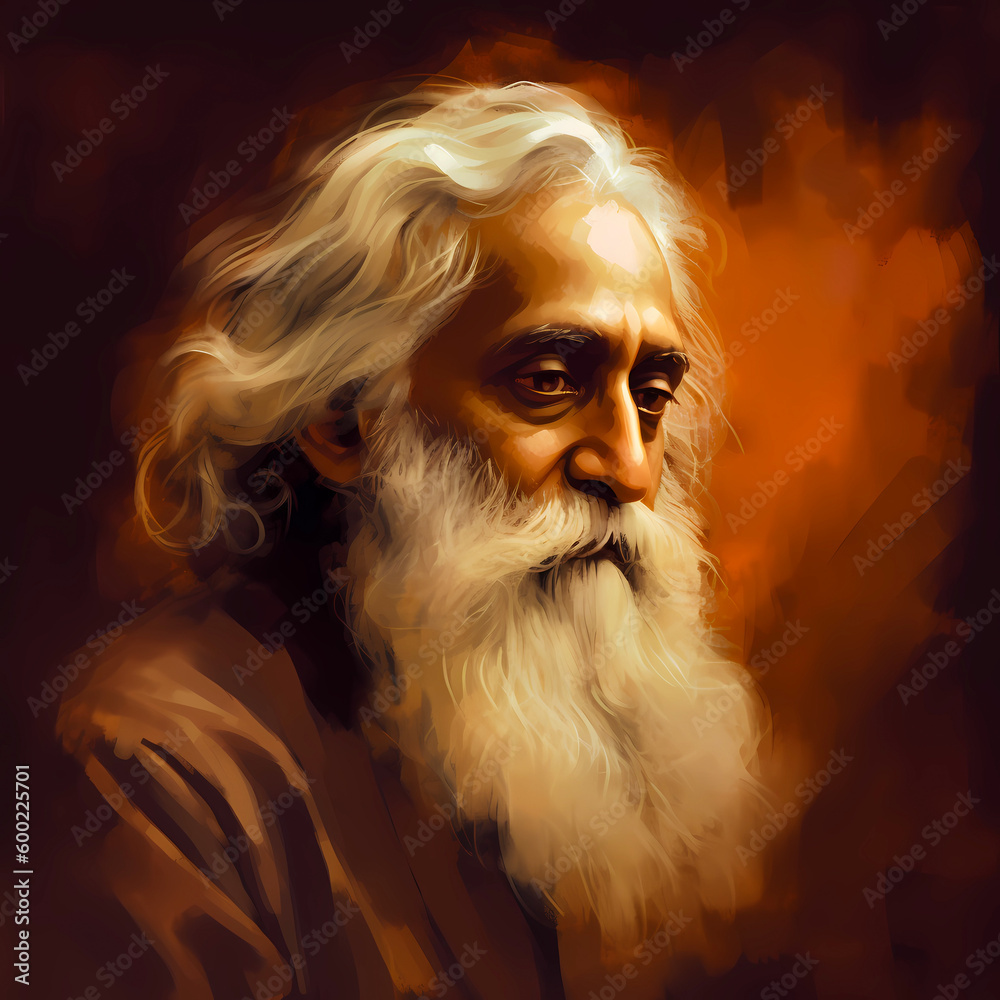 Rabindranath Tagore colourful illustration in oil painting. Bangladeshi ...