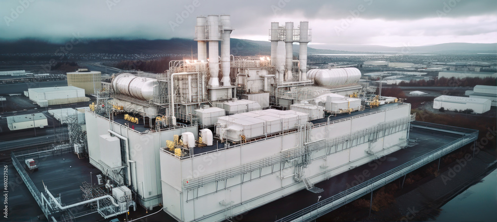 Natural gas powered turbine power plant. Wide angle photo of whole ...