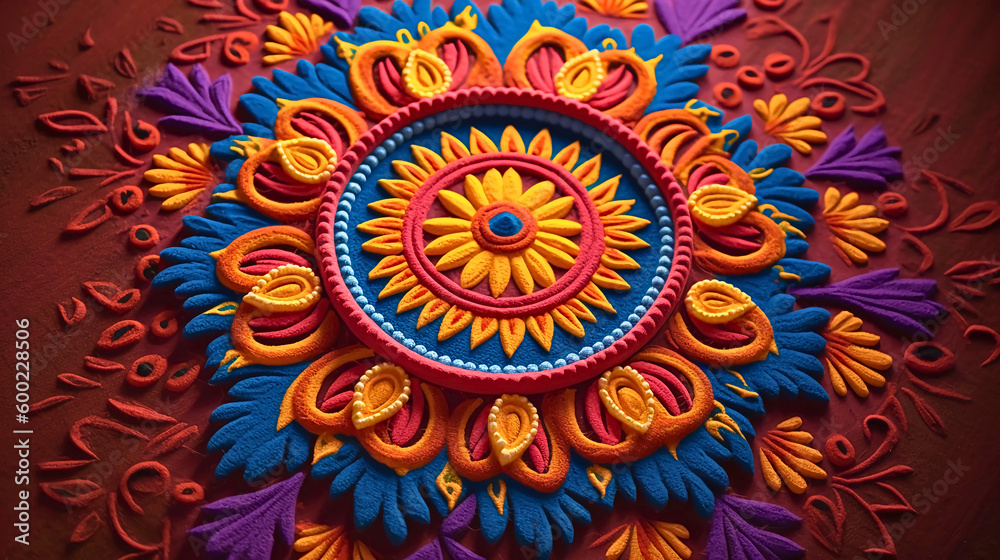 An overhead shot of a vibrant Rangoli design captured in beautiful traditional colors, with soft ...