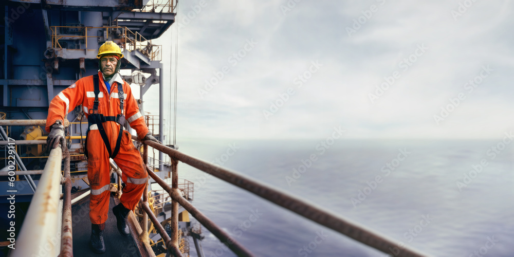 Oil rig worker in orange high visibility vest and yellow helmet ...