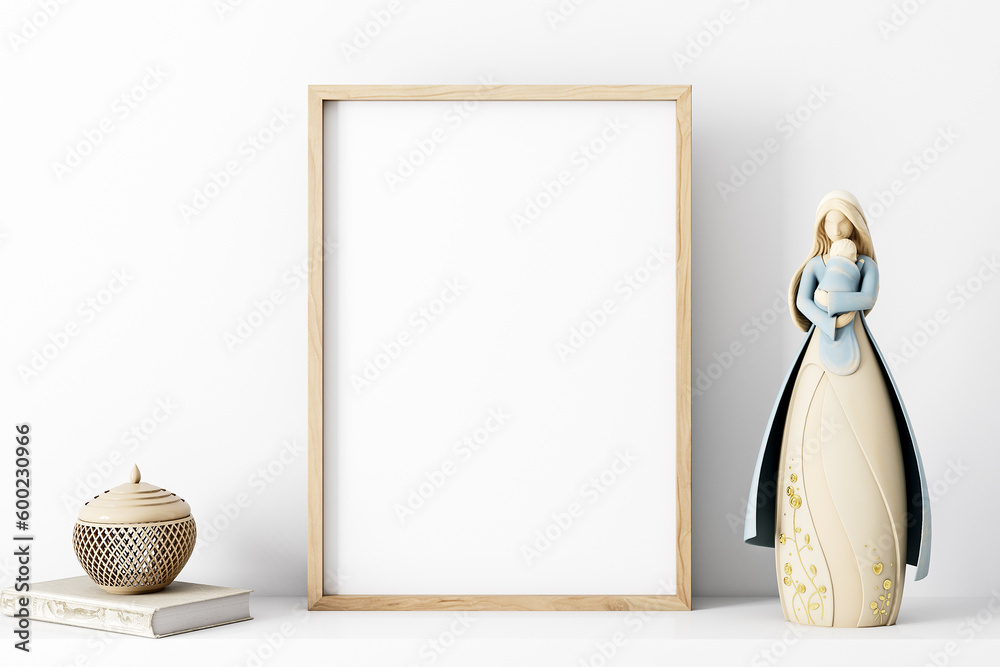 Mockup poster and wood frame A4 with mother of god statuette decor ...
