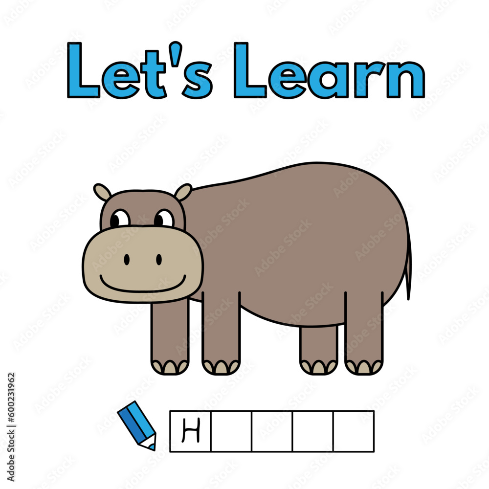 Cartoon hippo learning game for small children - write the word. Vector ...