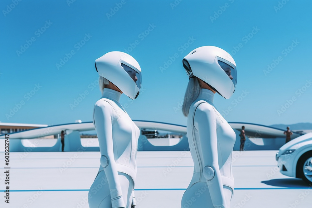Couple of beautiful futuristic humanoids robots in racing helmets. Two ...