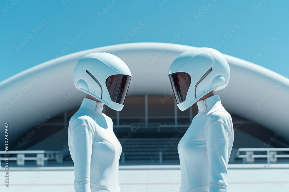 Couple of beautiful futuristic humanoids robots in racing helmets. Two ...