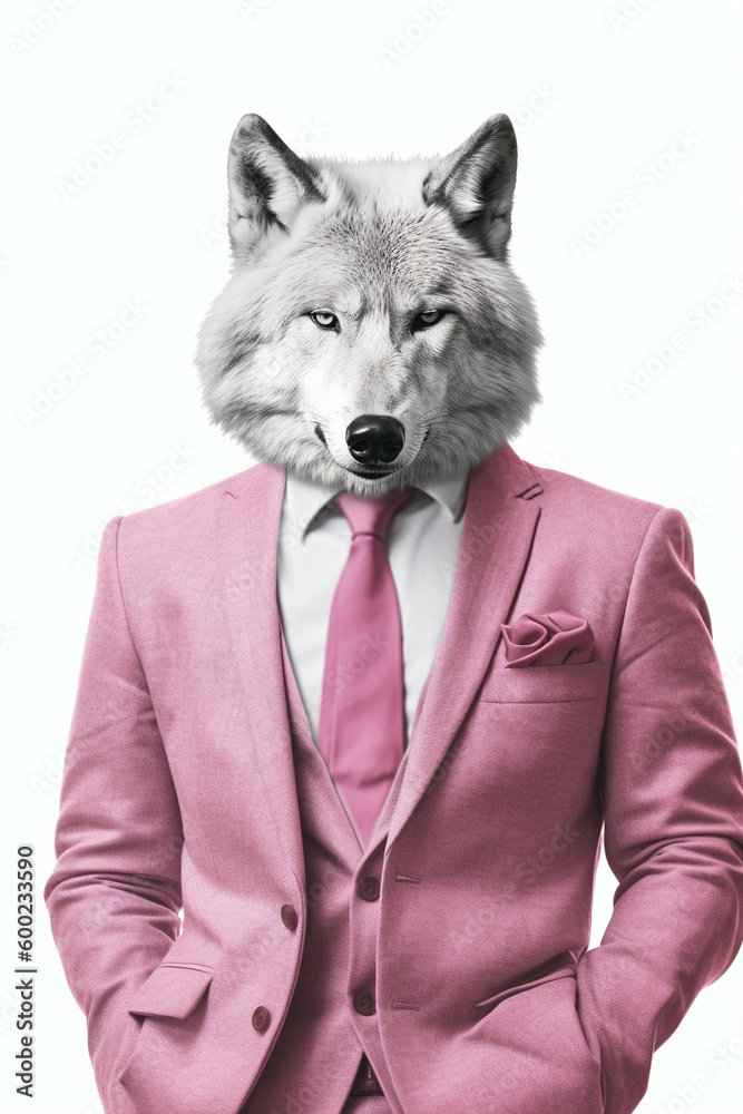 humanized black and white wolf wearing a elegant pink suit with white ...