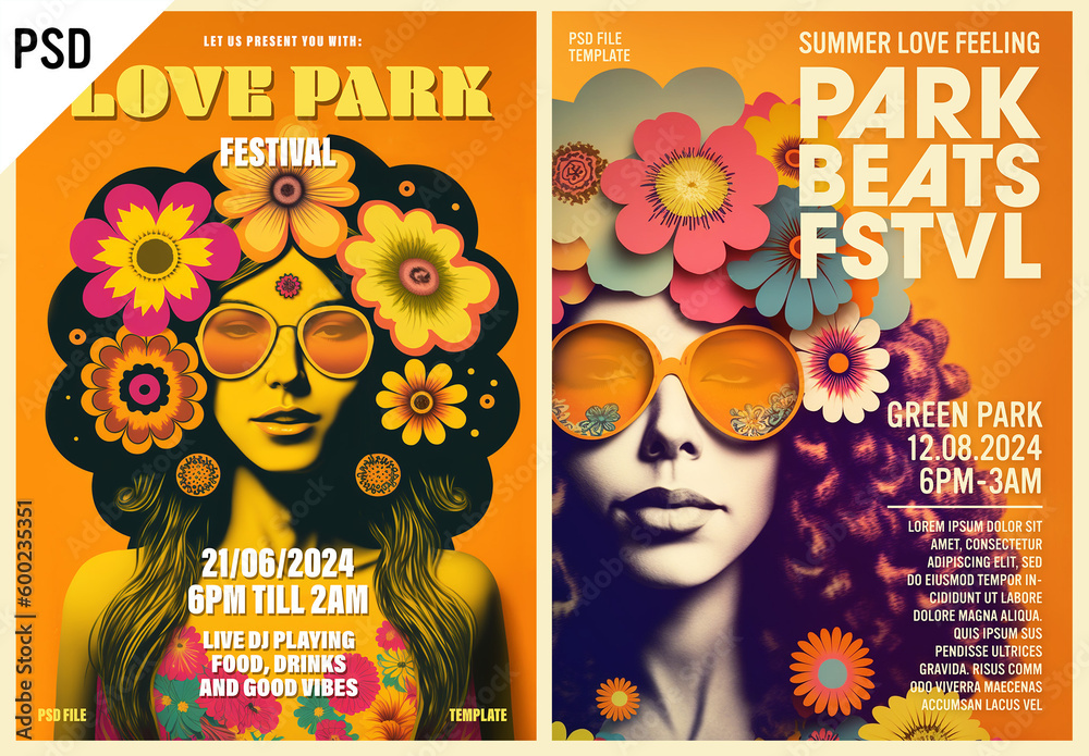 Flower power 60s / 70s style flyer designs with Generative AI Stock ...