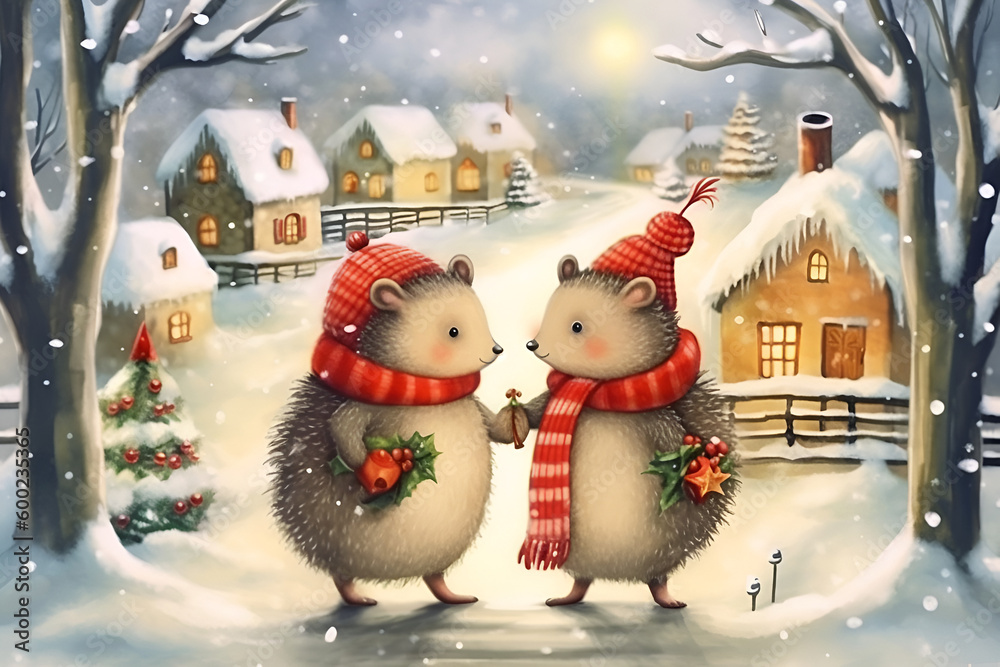 Cute cartoon hedgehogs in christmas background of winter new year ...