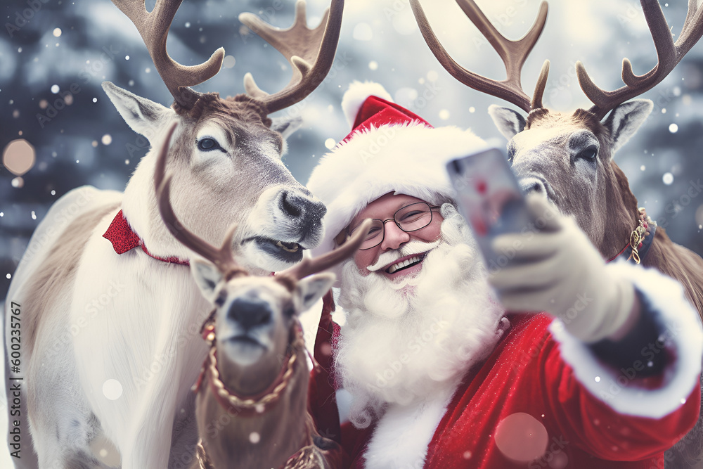 creative illustration happy smiling santa claus taking a selfie with ...