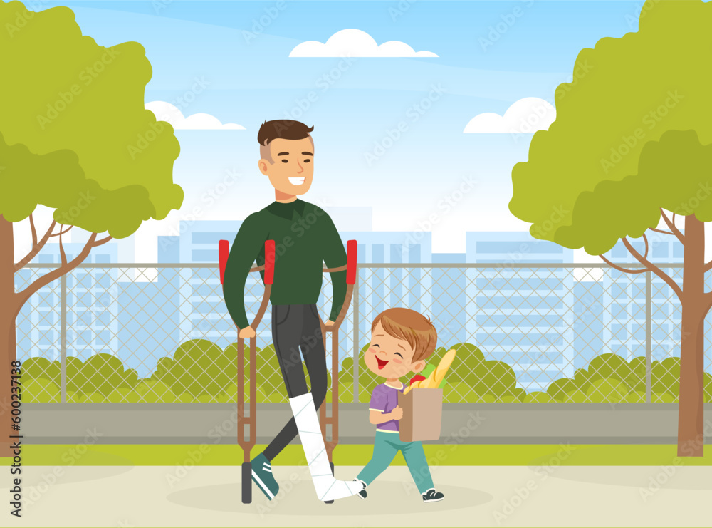 Polite little boy helping disabled man carry shopping bag. Well ...