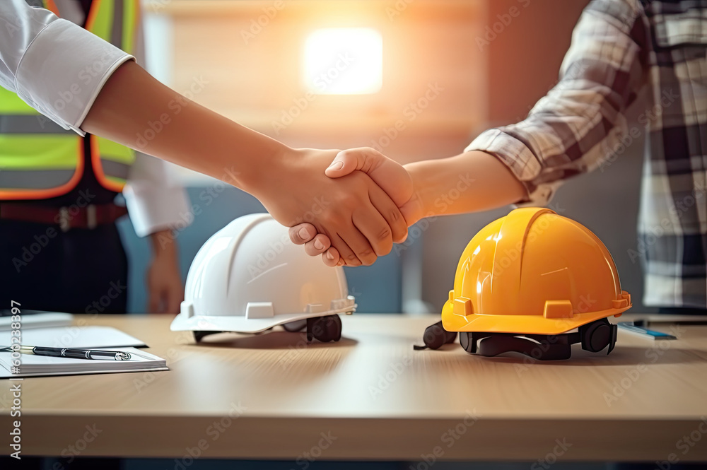 Successful deal shaking hands with client in construction site created ...