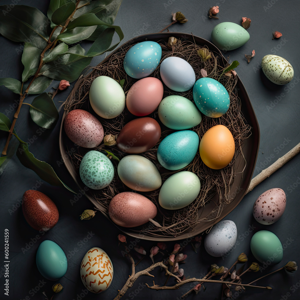 Large group of earthy colored Easter eggs in flat lay created with ...