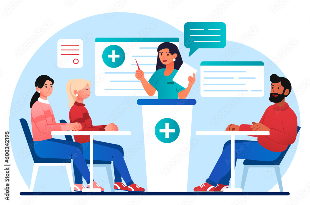 Medical conference concept. Men and women listen to lecture from girl ...