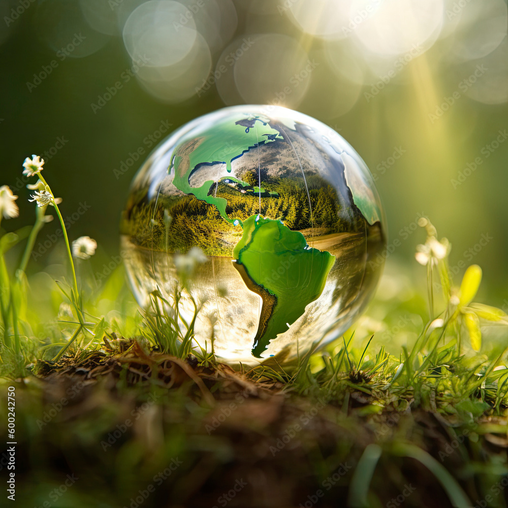 Glass earth orb on a mound of earth with beautiful sunlight streaming ...