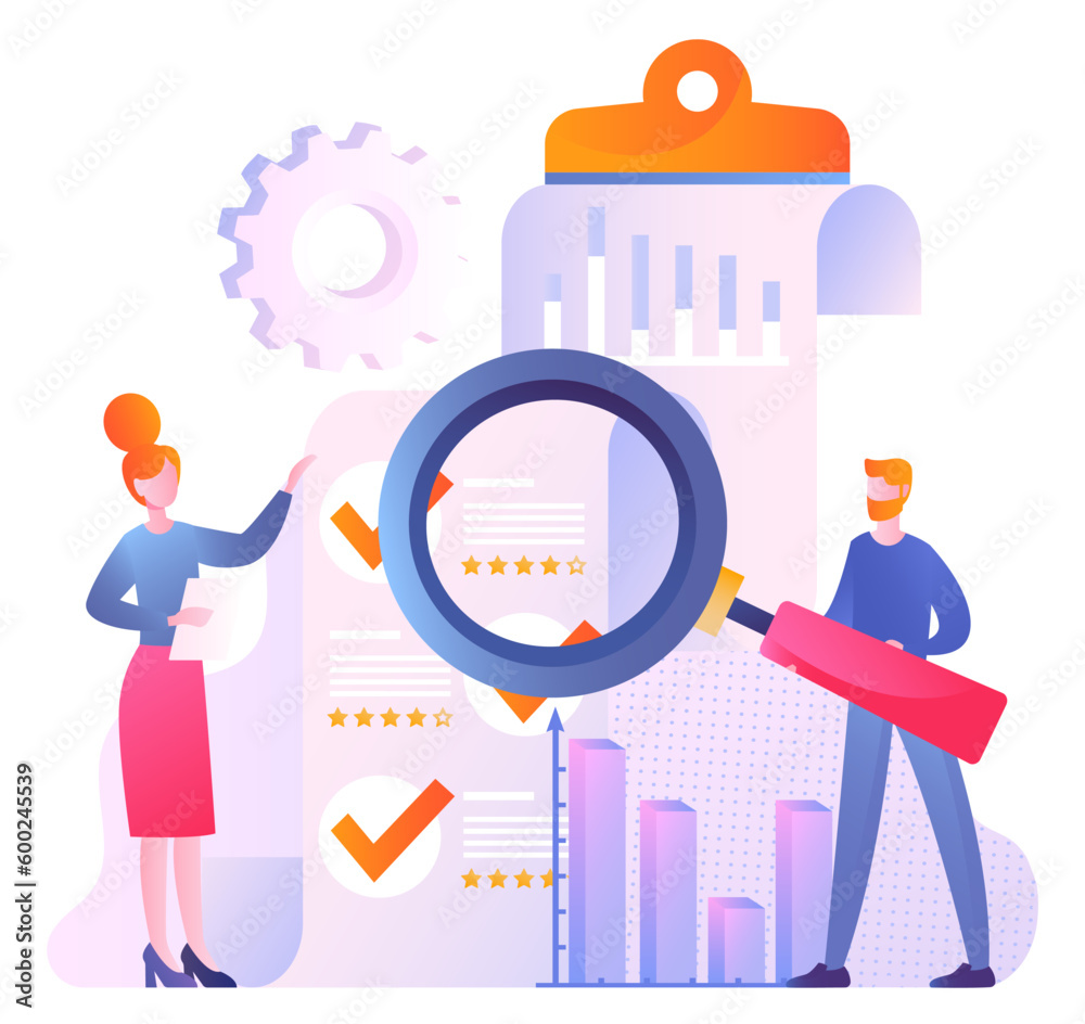 Research answers concept. Woman and man with magnifying glass look at ...