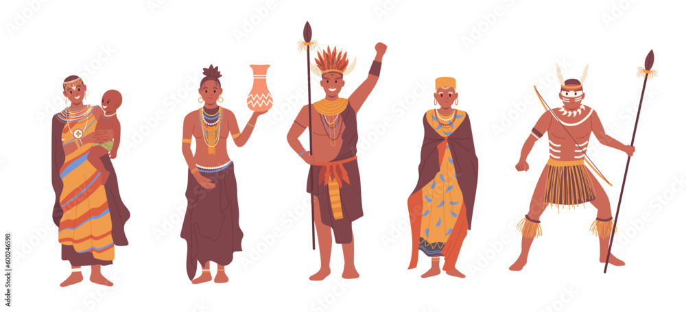 Tribal ethnic indigenous people in traditional costume flat cartoon set ...