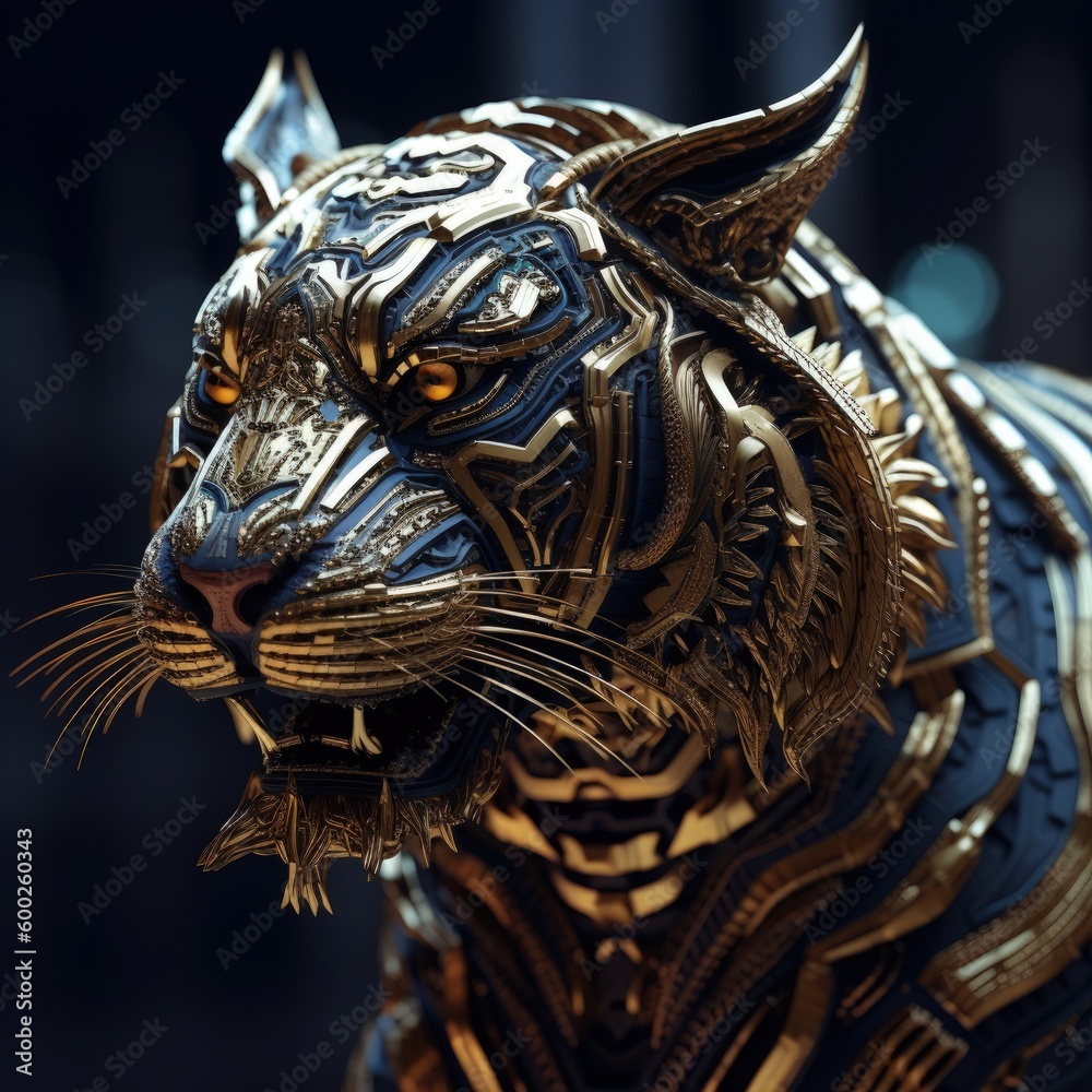 octane render of cyberpunk tiger, chrome silk with intricate ornate ...