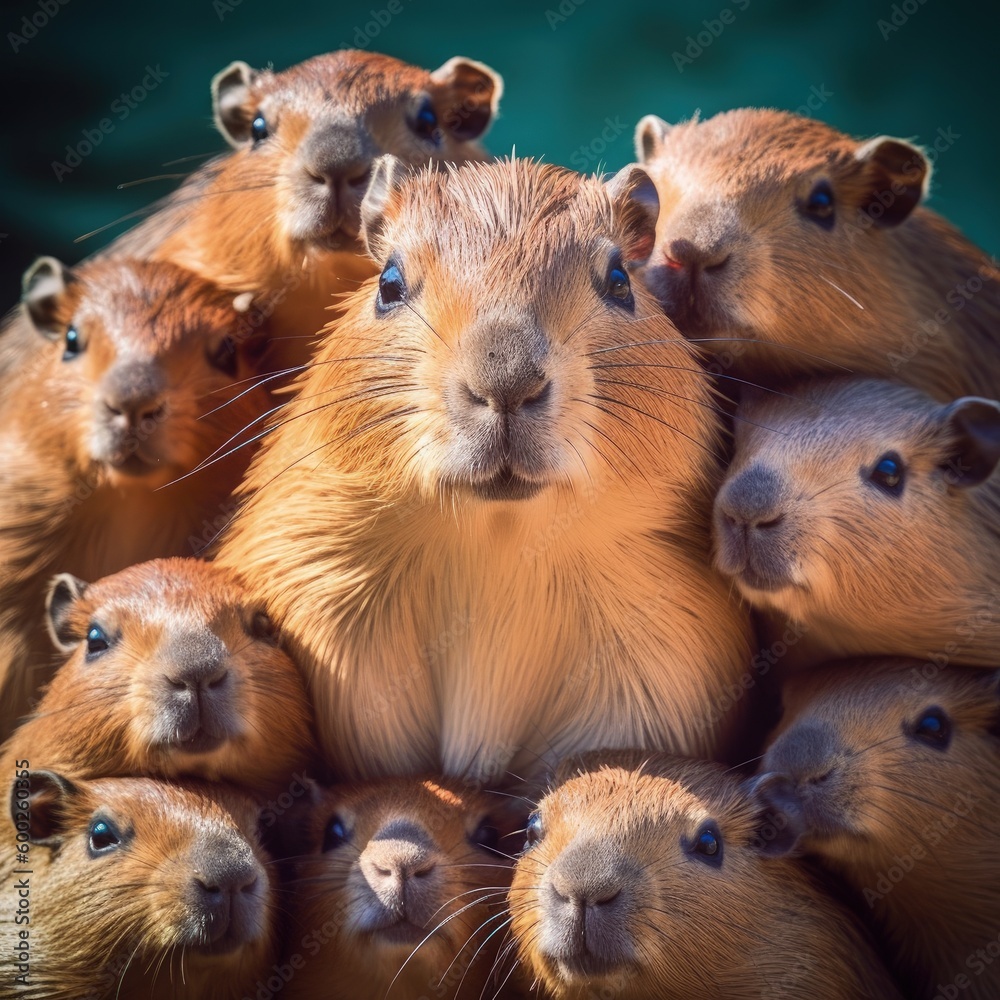 A closeup of a cute group of capybaras, highly capybara, a bunch of ...