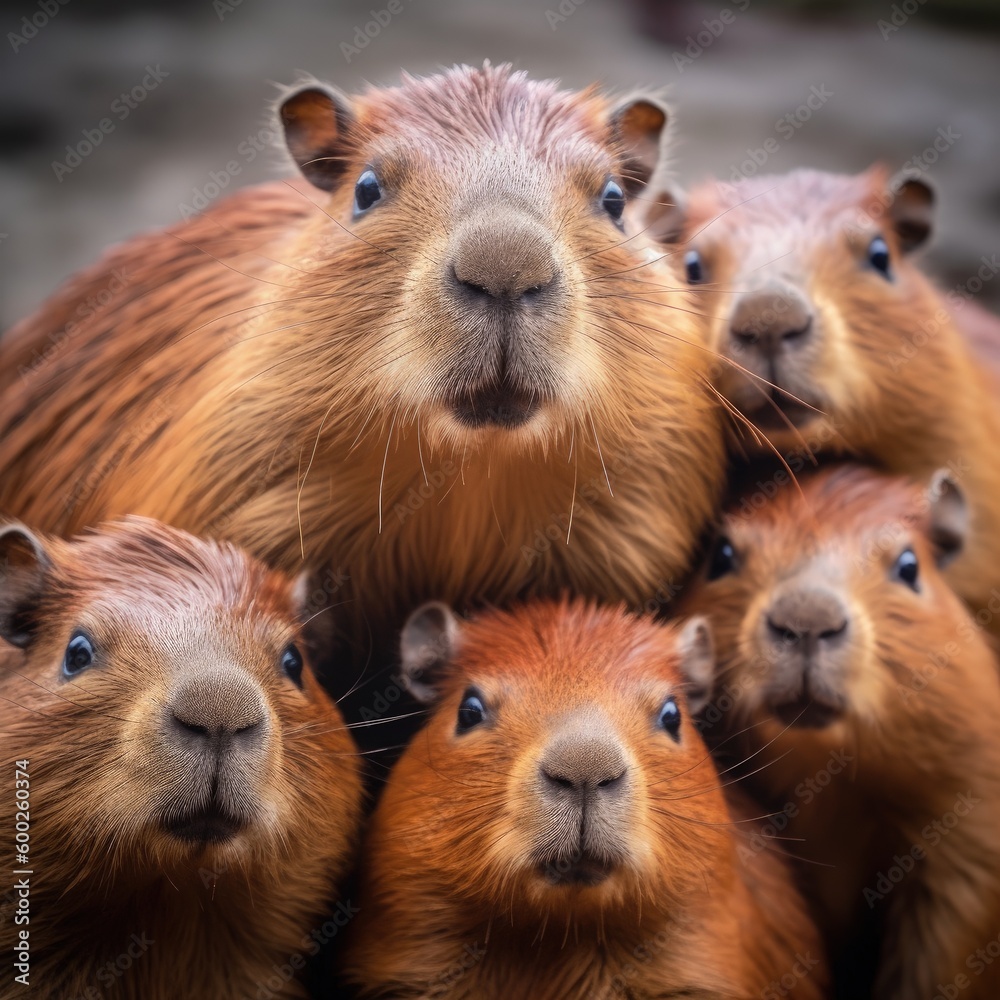 A closeup of a cute group of capybaras, highly capybara, a bunch of ...