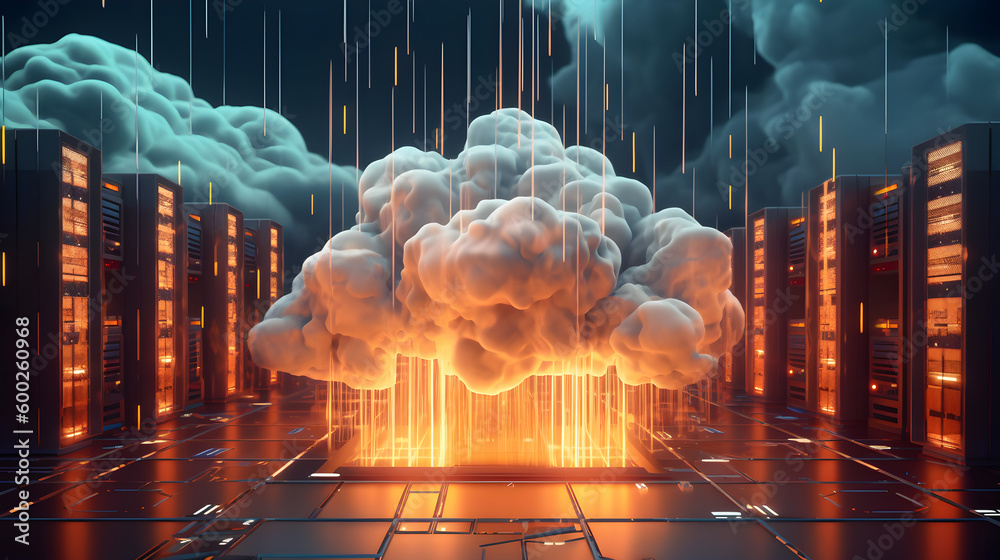 Storm over an open-air server room, a symbol of cyber threats, crafted by generative AI ...