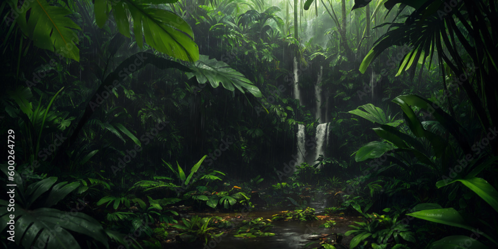 Waterfall in wild jungle. Heavy rain. Dark tropical forest with exotic ...