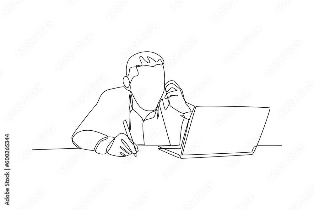 Continuous one line drawing businessman working in front of the laptop ...