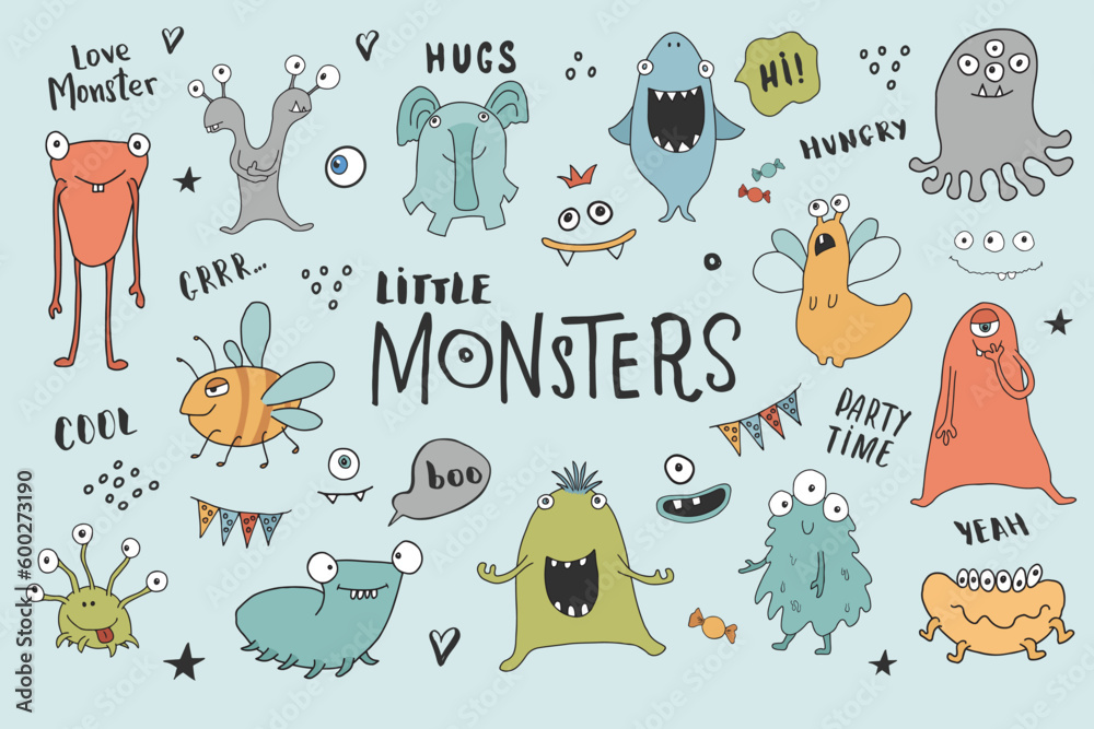 Cute monsters set. Cartoon monsters collection. Vector illustration ...
