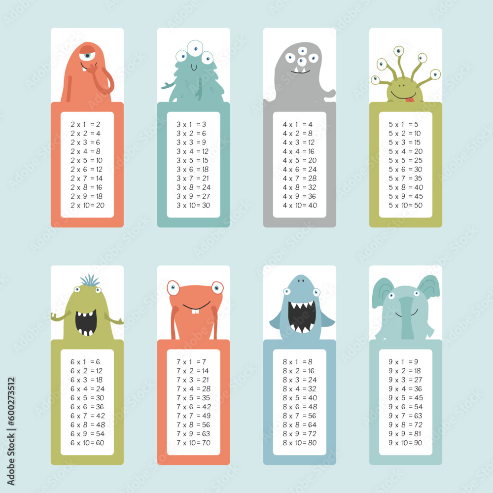 Multiplication table with cute monsters, Cartoon monster bookmarks ...