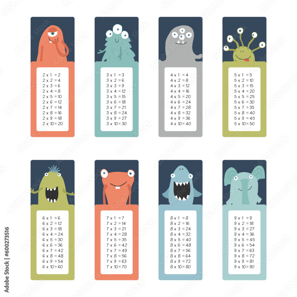 Multiplication table with cute monsters, Cartoon monster bookmarks ...