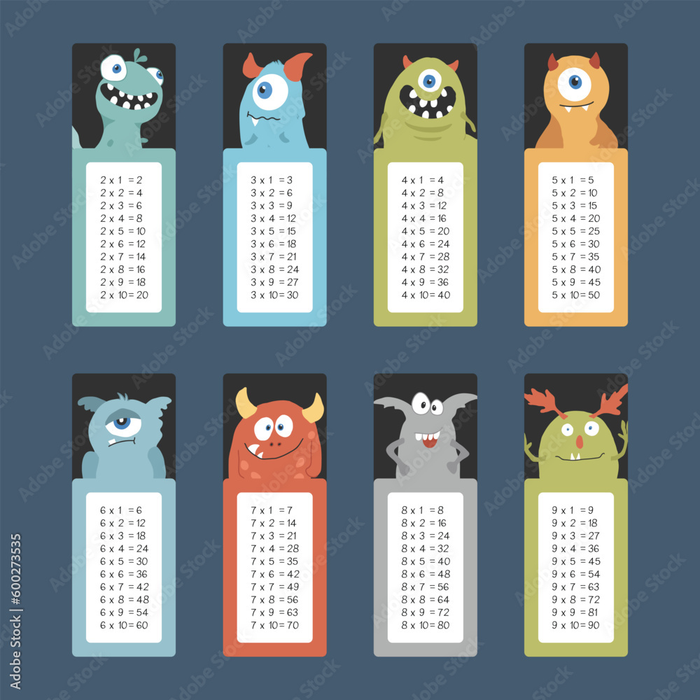 Multiplication table with cute monsters, Cartoon monster bookmarks ...