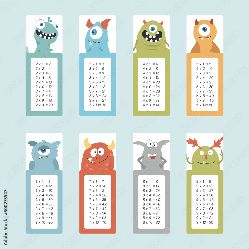 Multiplication table with cute monsters, Cartoon monster bookmarks ...