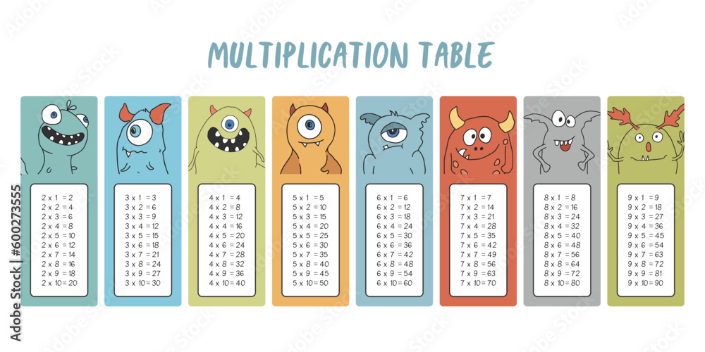 Multiplication table with cute monsters, Cartoon monster bookmarks ...