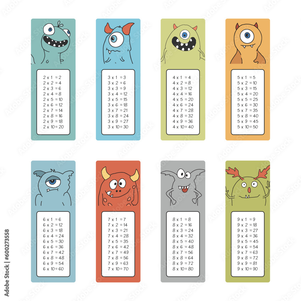 Multiplication table with cute monsters, Cartoon monster bookmarks ...