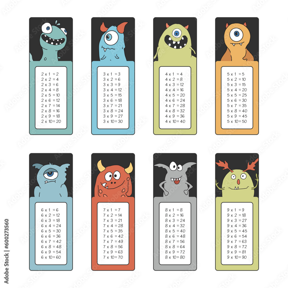 Multiplication table with cute monsters, Cartoon monster bookmarks ...