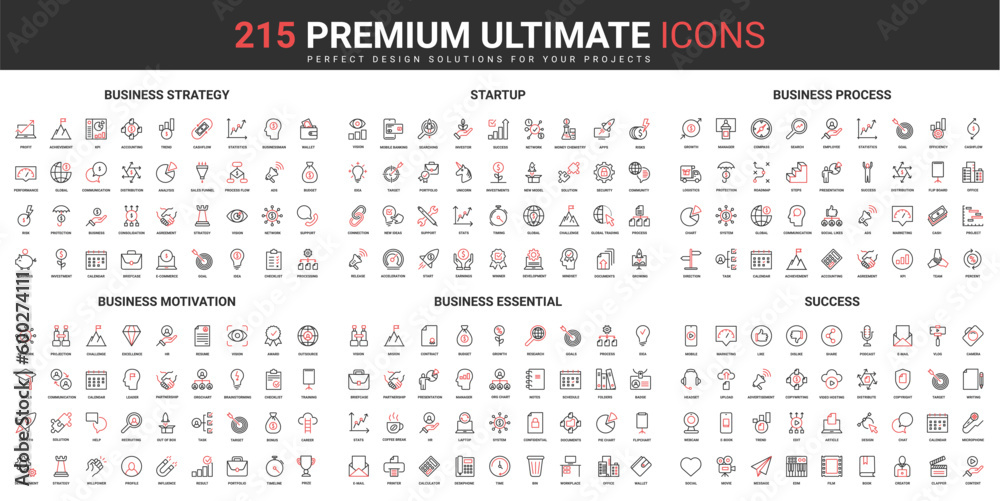 Business strategy thin line red black icons set vector illustration ...