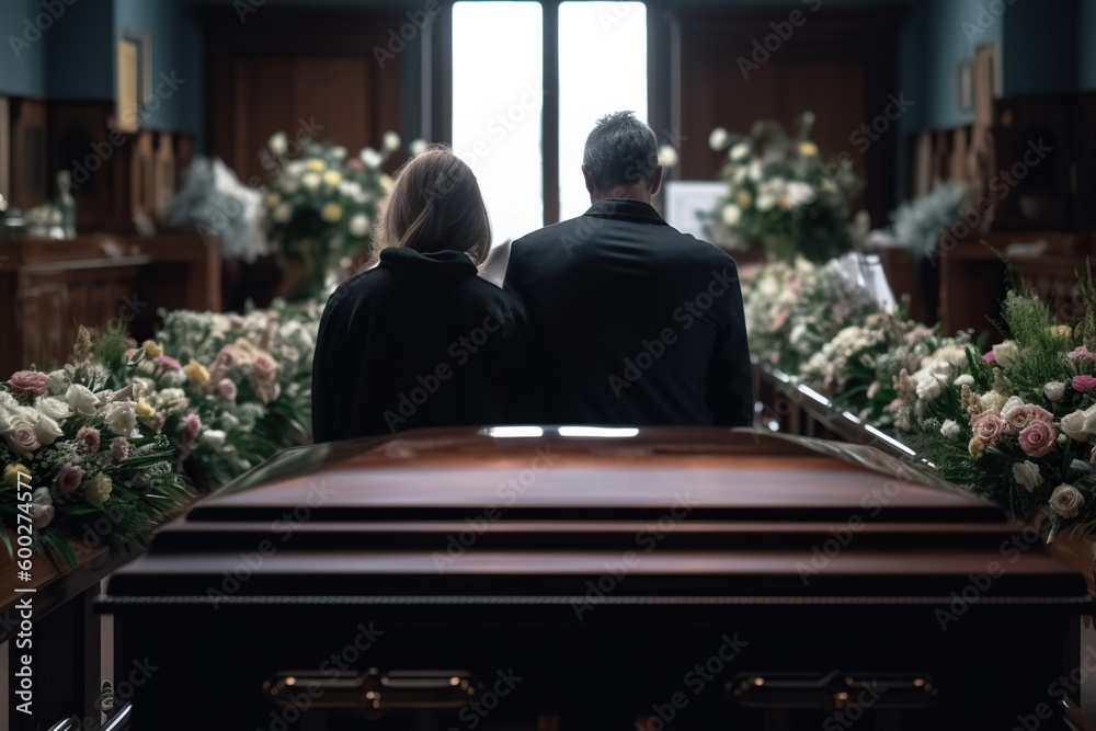 Sad funeral and flowers with couple and coffin in church, concept of ...