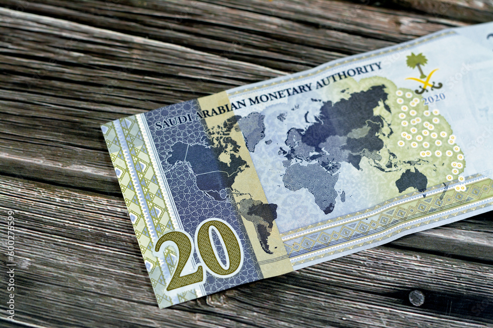 Reverse side of 20 SAR twenty Saudi Arabia Riyals banknote currency ...