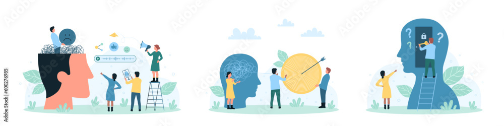 Mental health set vector illustration. Cartoon tiny people hold key to ...