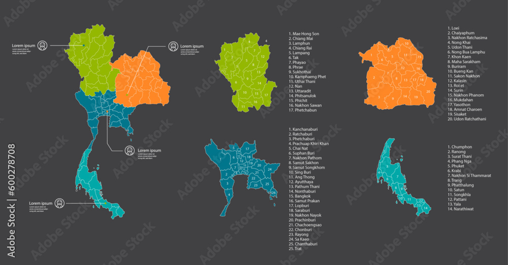 Thailand map region and infographic of provinces, political maps of ...