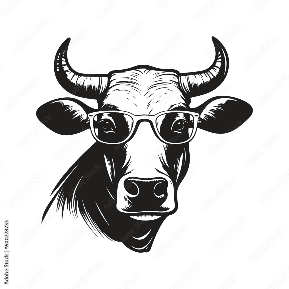 zebu wearing sunglasses, vintage logo line art concept black and white ...