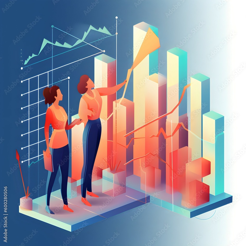 A female business owner is pointing to a graph that shows an upward ...