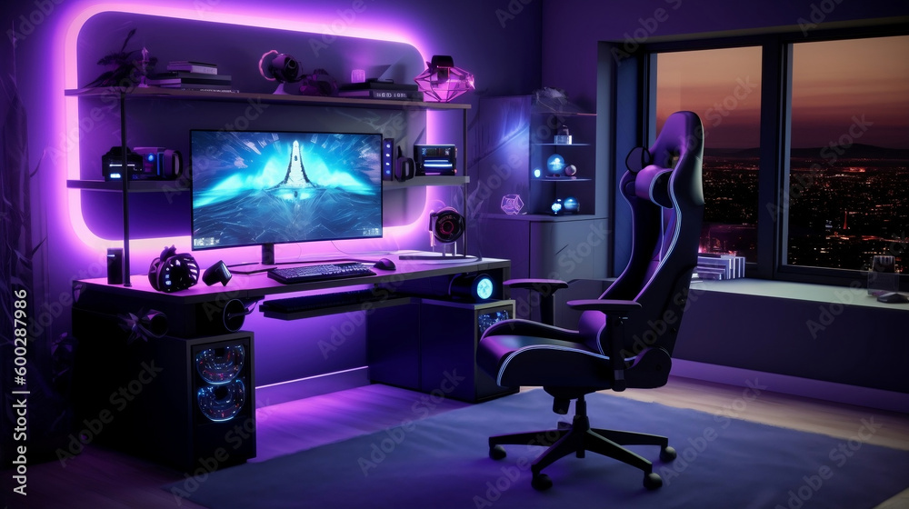 Powerful gaming PC at the center of the setup, surrounded by a sleek ...