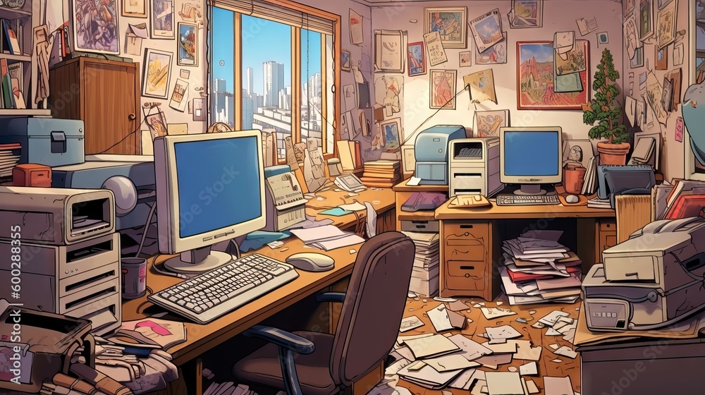 Retro 90s office with papers, large computers, and clutter, capturing ...