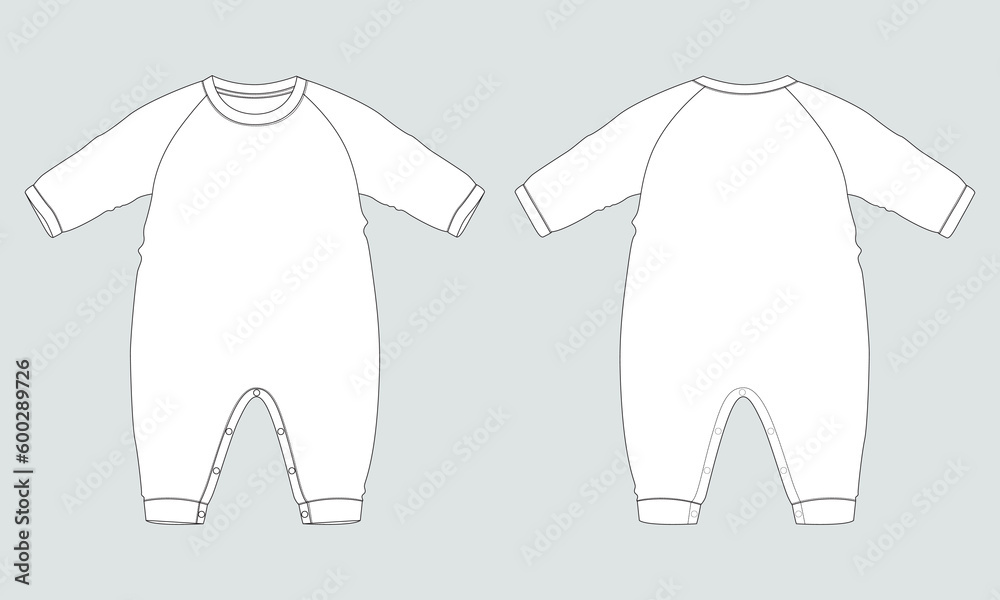 Long sleeve romper bodysuit technical drawing fashion flat sketch ...