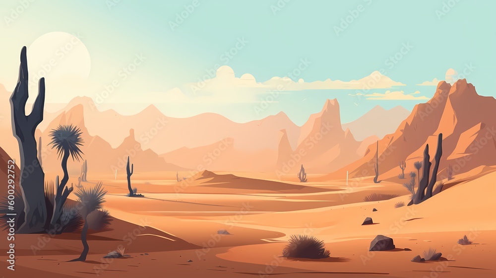 2d desert daylight landscape background vector, blue sky, flat vector ...