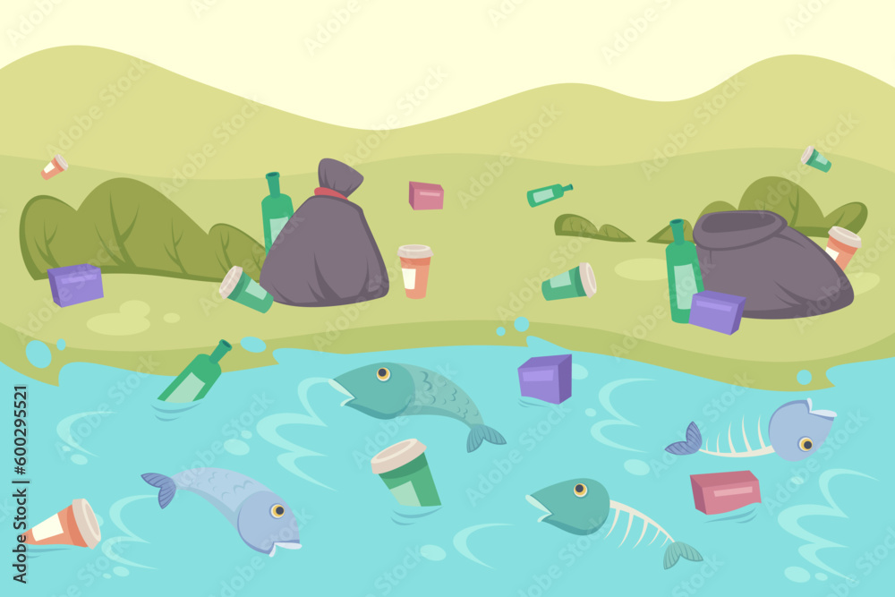 Trash on ground and dead fish in water vector illustration. Cartoon ...