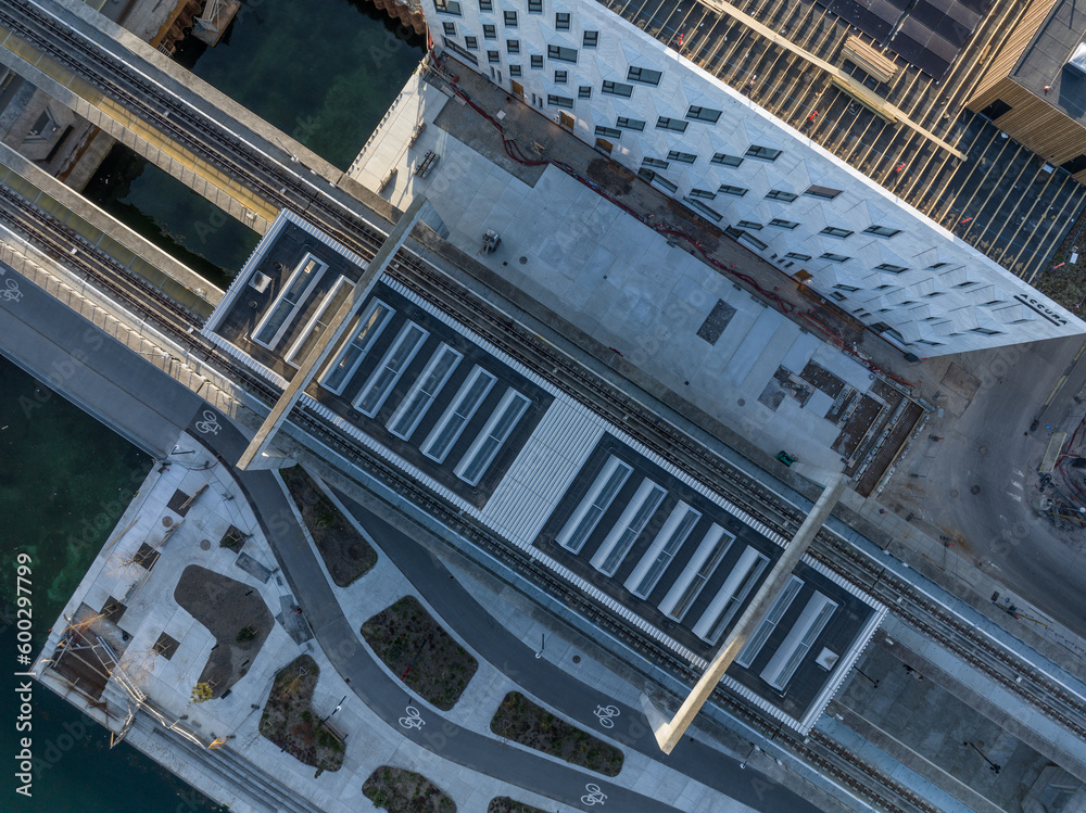 Aerial view of modern metro subway above ground end station at ...