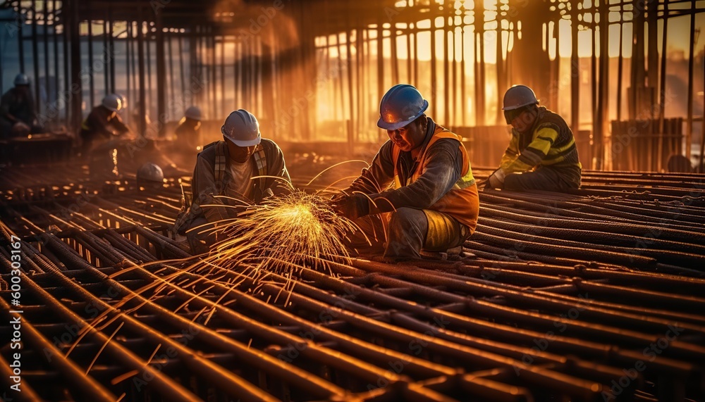 Construction workers fabricating steel reinforcement bar at the ...