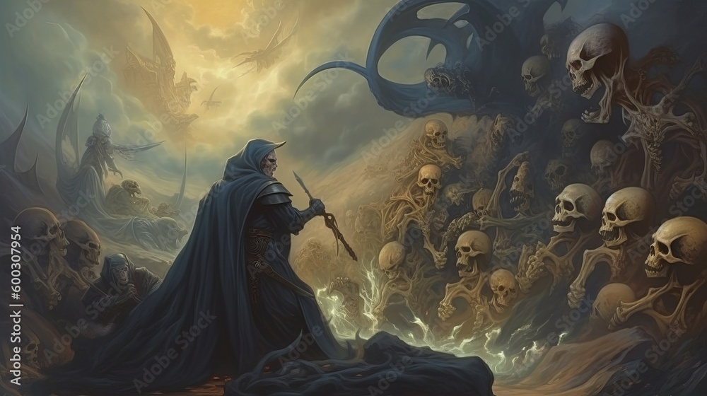 a painting depicting the grim reaper and monsters, dark navy and light ...
